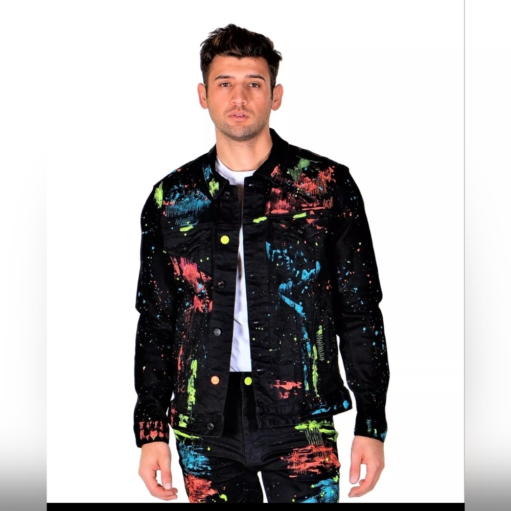 Smoke Rise Men's Neon Paint Splatter Denim Jacket Siz… - Gem